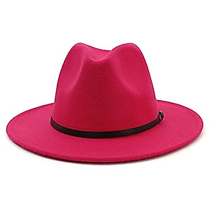 DT DANTIYA Women's Classic Wide Brim Wool Fedora Hat with Belt Buckle Felt Panama Hat Rose Red