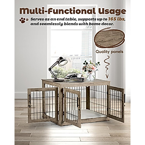 Upolana Large Dog Crate Furniture, 38 inch Dog Crates with Bed Pad, Wooden Dog Kennel Furniture, End Table Dog Cage with 3 Doors, Greige S35812