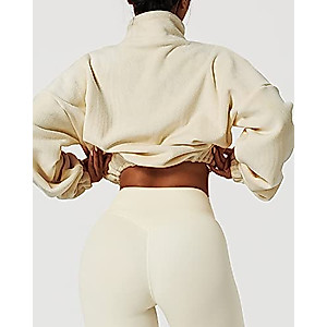 QINSEN Women's Polar Fleece Bomber Jacket Full Zip Stand Collar Short Coat Cozy Winter Warm Outwear Beige S