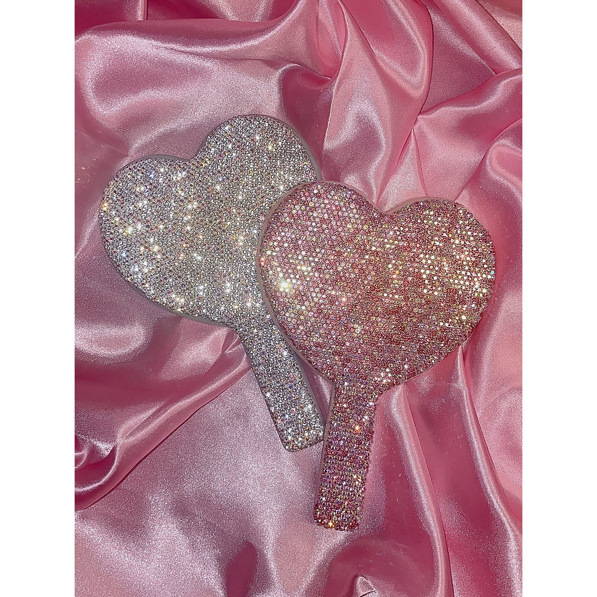 TISHAA Bling Rhinestone Adorable Heart Dazzling Handheld Mirror, Perfect for Makeup Touchup On The Go (Pink)