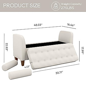 COLAMY Tufted Storage Bench for Bedroom End, 48 Inch Modern Upholstered Storage Ottoman with Arms and Bolster Pillows for Bedroom, Living Room, Entryway, Beige