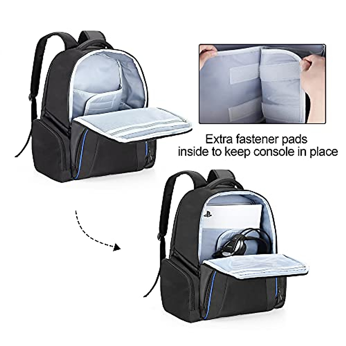 CURMIO Gaming Console Backpack Compatible with PS5, PS4 and PS4 Pro, Travel Carrying Case with Pockets for Controller, Headset and Game Accessories, Blue Stripe (Bag Only, Patent Pending)