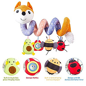 HILENBO Car Seat Toys, Infant Baby Orange Fox Spiral Plush Activity Hanging Toys for Car Seat Stroller Bar Crib Bassinet Mobile with Music Box BB Squeaker and Rattles（Orange）