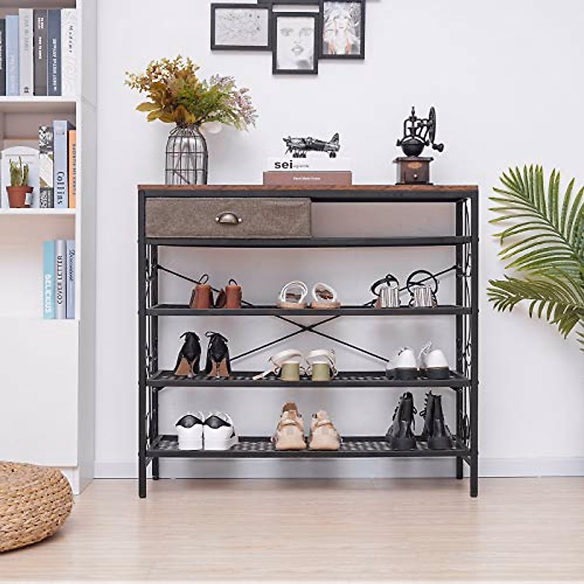 X-cosrack Shoe Rack, 4-Tier Shoe Rack Organizer Industrial Metal Closet wooden vertical Shoe Rack Storage Garage Shoe Stand for Closets Entryway Brown Black