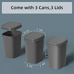 KSSKSS 3 Pack Bathroom Small Trash Can with Lid, 2.6 Gallon Slim Garbage Bin with Pop-Up Lid, 10L Plastic Wastebasket with Press Top Lid for Bedroom, Office, Kitchen, Toilet (Gray)