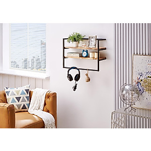 Metal Industrial 2 Tier Bathroom Shelves Wall Mounted,24" Bathroom Shelf with Towel Bar,Wall Shelf Towel Rack Over Toilet,Floating Shelves Towel Holder,Solid Wood Shelves with Metal Frame,Black