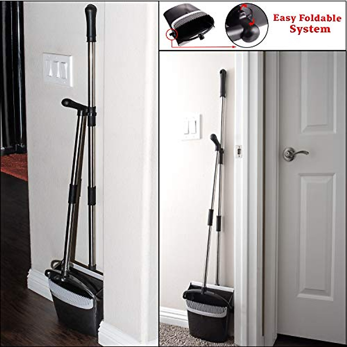 GAMLI Broom and Dustpan Combo Set - Rotatable Wisp Cleaning for Kitchen Floor, Indoor, Hardwood Floors, Industrial, Lobby. Adjustable Broom Pole, Windproof Dustpan - Free Broom Holder