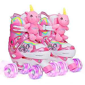 Unicorn Doll Kids Toddler Roller Skates for Girls,WESKIFAN Quad Skating Shoes with Shiny Light up Wheels&Adjustable Sizes Beginners rollerskates for Birthday Xmas Gifts,Patines para Niñas Niños