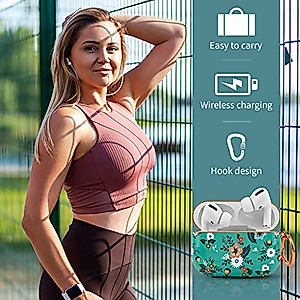 Airpods Pro Case Cover for Women, Premium Floral Print Protective Hard Case Cover for Airpods Pro Case 2019 with Keychain and Bonus Magnetic Anti-Lost Straps, Gift Idea for Women Girls (Green Floral)