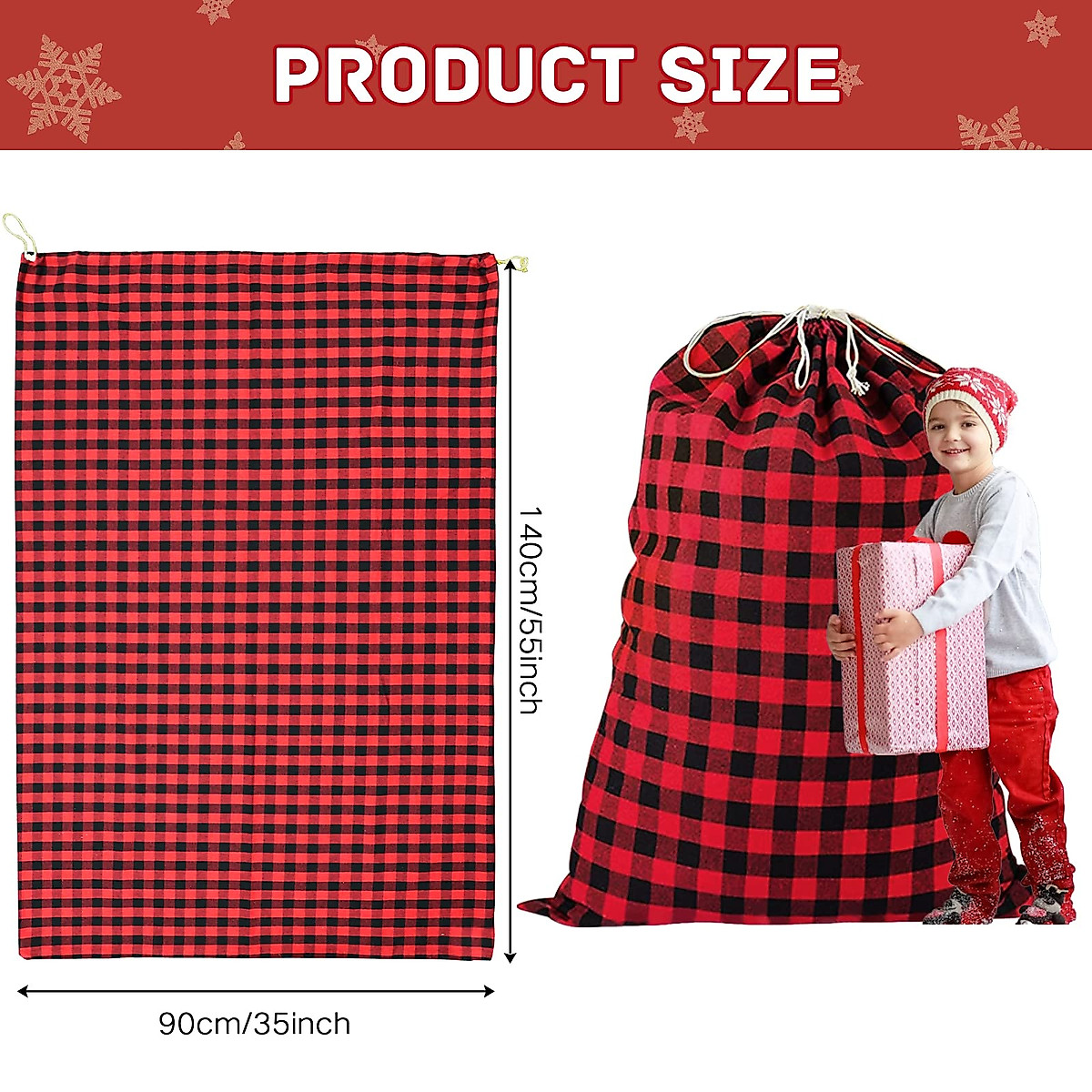 35''x55''Jumbo Christmas Drawstring Gift Bags,2PCS Cotton Santa Bag, Buffalo Plaid Christmas Gift Bags Santa Sack with Drawstring,Heavy Christmas Bags for Christmas Holiday Gift Giving and Party Decor