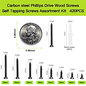 M3 Flat Head Wood Screws Assortment Fasteners Kit 420pcs,Phillips Drive Countersunk Head Self-Tapping Screws,Carbon Steel,Contains 20pcs M6 Screw Anchors