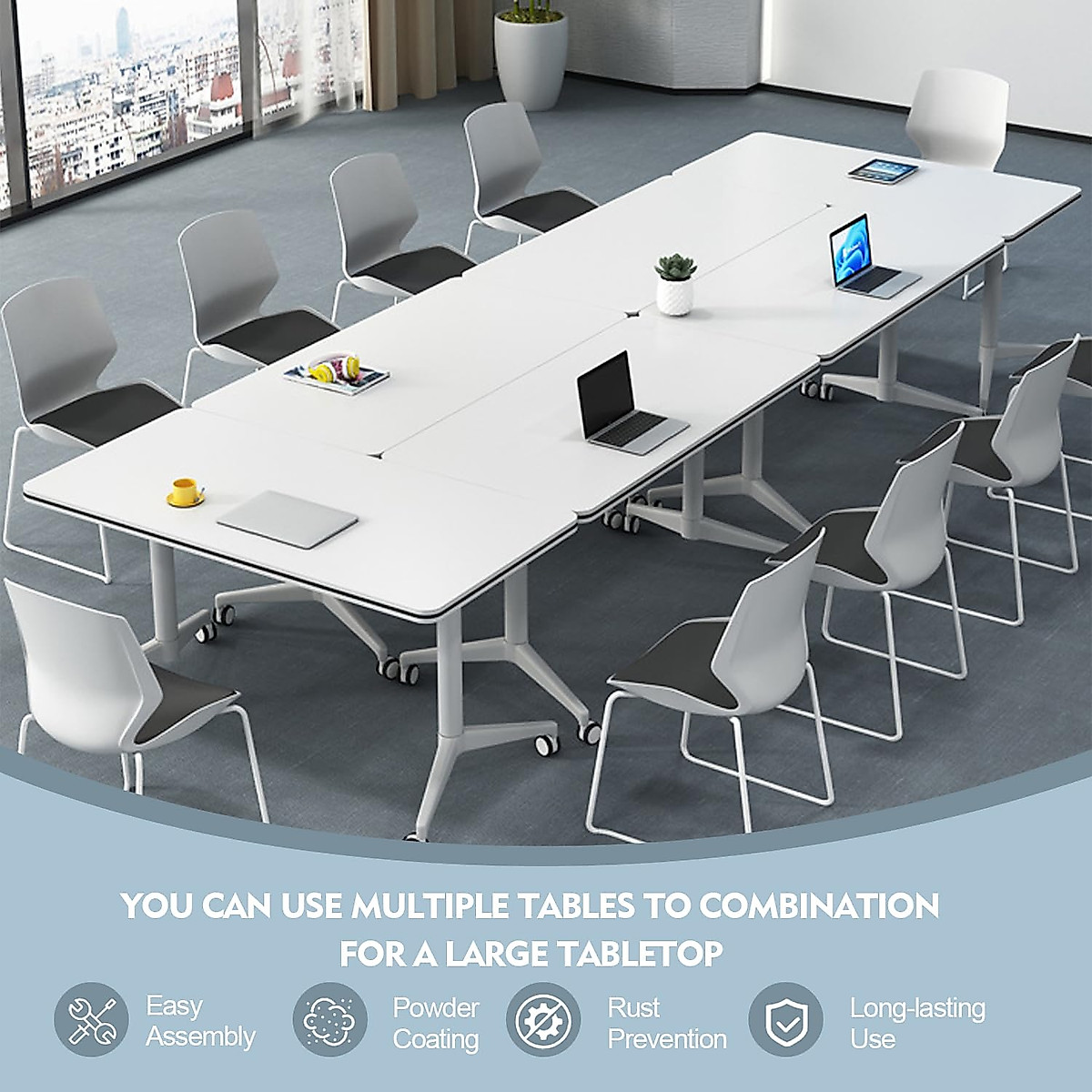 Conference Table Foldable Meeting Tables,4 Pcs Flip Top Mobile Training Table Modern White Portable Table with Silent Wheels, 62.9 "D x 23.6" W x 29.5 "H for Office,Meeting Room,Classroom