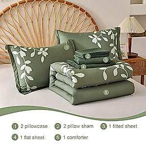 METAHOTS Comforters Queen Size, 7 Piece Flowers Botanical on Green Comforter Sets with Sheets and Pillows, Soft Lightweight Microfiber Bedding Set for All Season(90"X90")