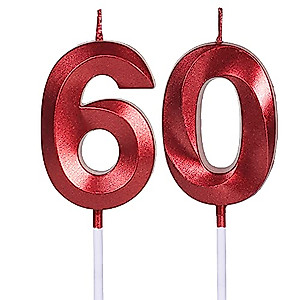 Red 60th Birthday Candles for Cakes, Number 60 6 Glitter Candle Cake Topper for Party Anniversary Wedding Celebration Decoration