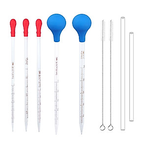 luckkyme 5PCS Glass Pipettes Dropper, 1ml 2ml 3ml 5ml 10ml Graduated Liquid Dropper, 2PCS Rubber Bulb, 2PCS Glass Stir Sticks Cleaning Brush, Transfer Pipettes