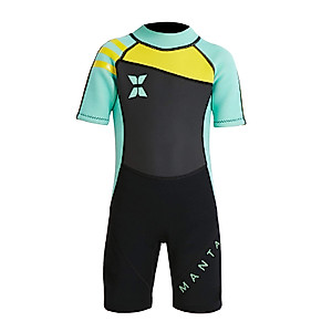 DIVE & SAIL Kids Shorty Suit Short Sleeve Warm Wetsuit 2.5mm Diving Suit Full Suit Back Zipper One Piece Swimsuit Green S