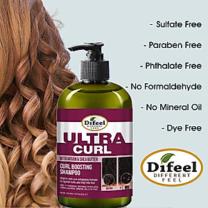 Difeel Ultra Curl 3-PC Curl Boosting Hair Care Set : Ultra Curl Shampoo 12 oz, Conditioner 12 oz and Hair Oil 2.5 oz. Set