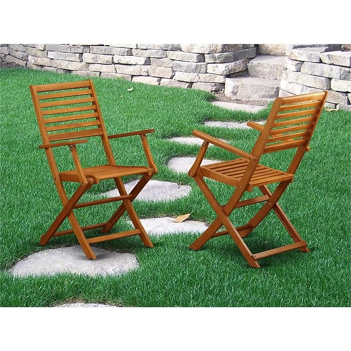 East West Furniture BBSCANA Beasley Folding Patio Dining Chairs With Arm Rest - Acacia Wood, Set of 2, Natural Oil