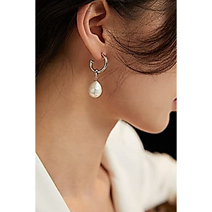 Elegant Pearl Hoop Dangle Earrings 925 Sterling Silver for Women Gold Plated Pearl Dangle Earrings Birthday Jewelry Gift (Silver)