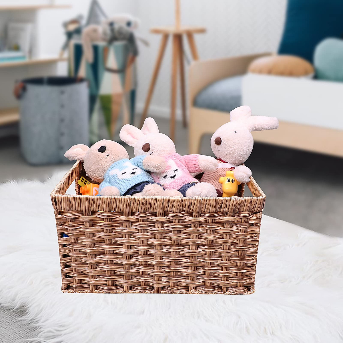 ROSOS Wicker Baskets 2 Pack, Rectangular Wicker Storage Basket with Handles, Waterproof Plastic Large Wicker Baskets for Storage, Nesting Hand-Woven Storage Baskets for Pantry Storage