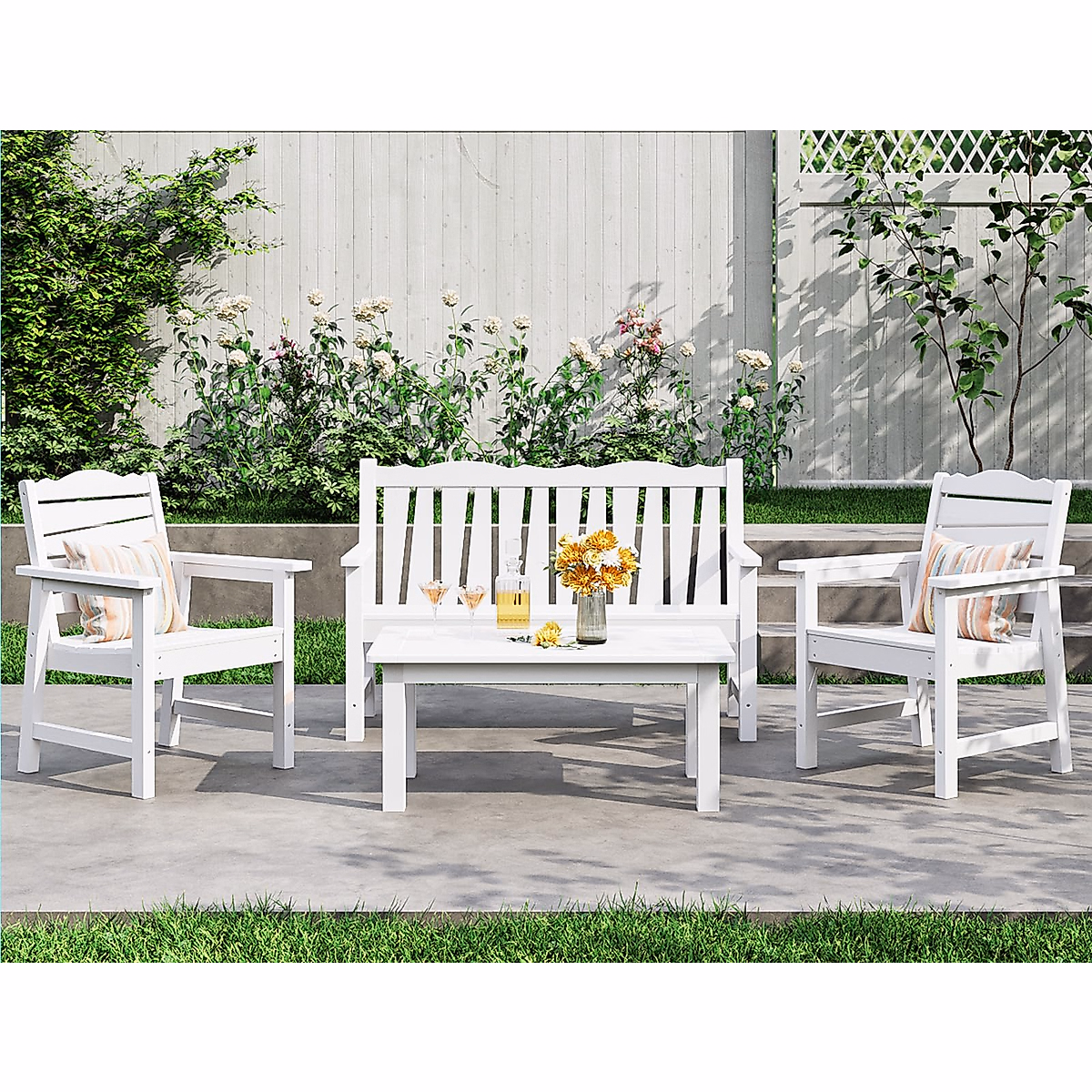 LAHAAP Outdoor Bench Set, Weatherproof Patio Furniture 3 Pieces Conversation Sets, Include Outdoor Bench + 2 Patio Chairs, for Garden Porch Lawn & Backyard (White)