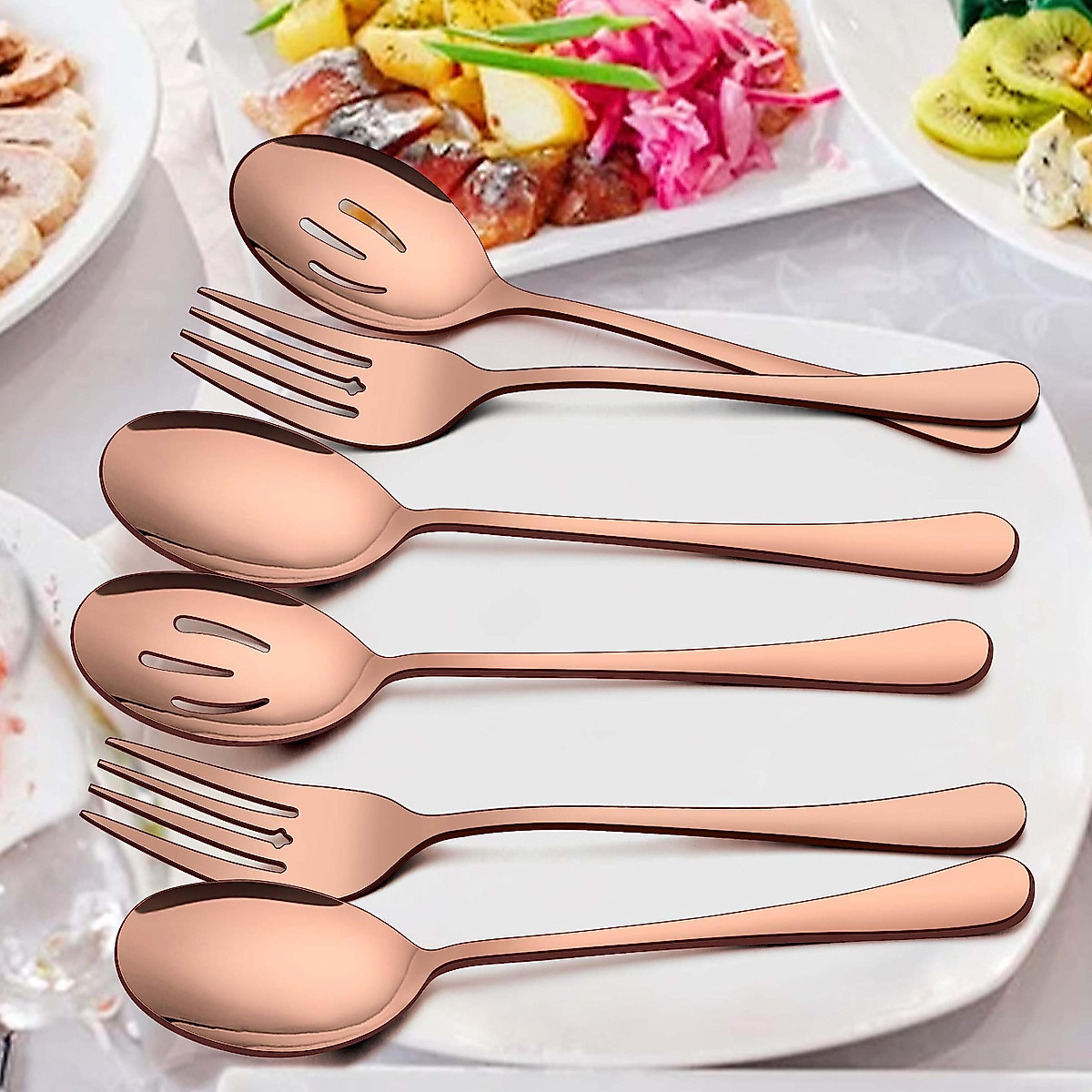 Homikit Stainless Steel 3 Copper Serving Spoons, 3 Slotted Serving Spoons, 3 Serving Forks, Metal Serving Utensils Hostess Set for Catering Dinner Party Buffet Banquet Restaurant, Dishwasher Safe