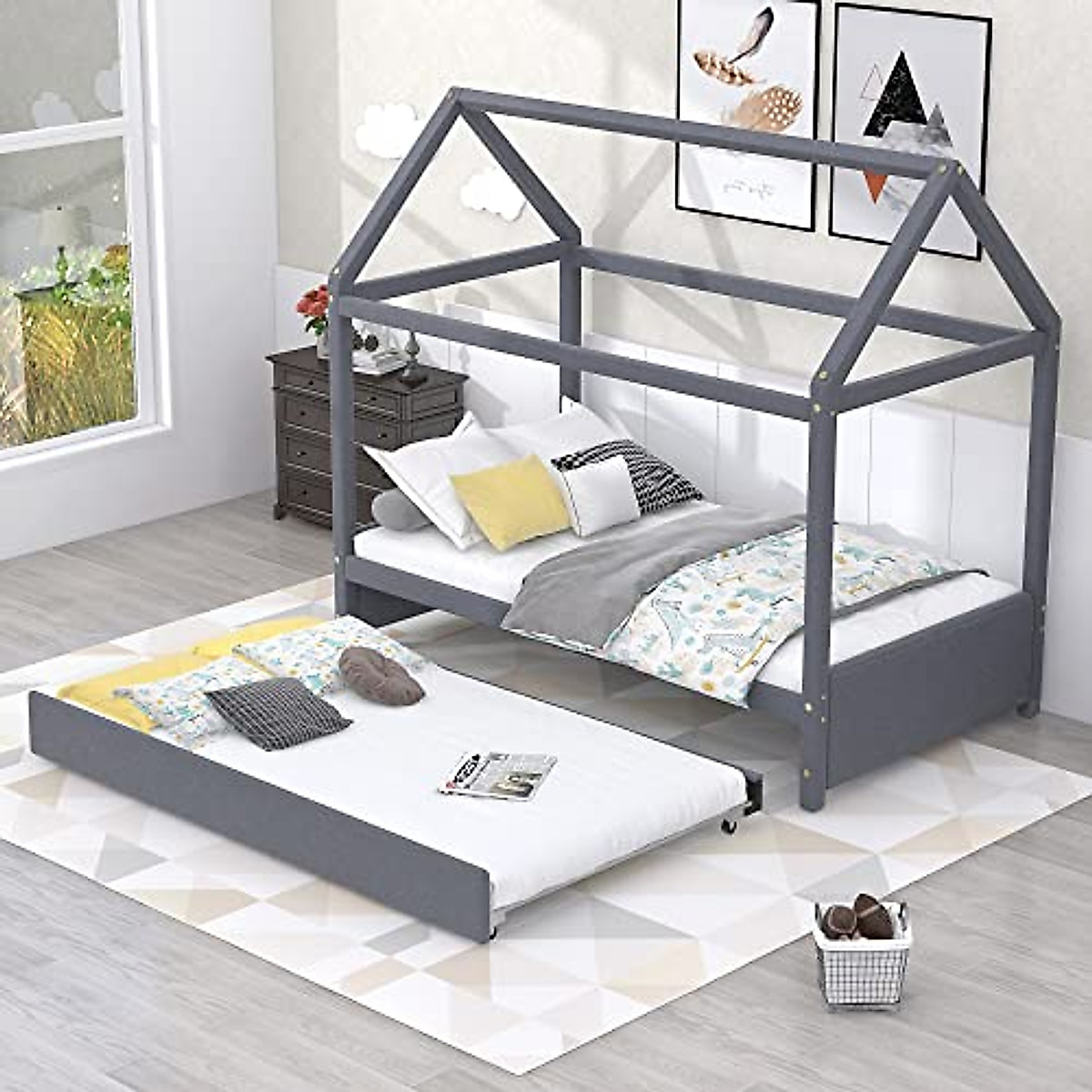 Lostcat Twin Size Upholstered House Platform Bed with Trundle,Twin Bunk Bed with Roof Design for Kids, Teens, Girls, Boys,No Box Spring Required,Grey