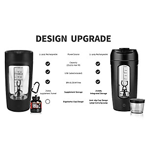 Genteen Blender Bottles, Protein Shaker Bottle for Protein Mixes USB-Rechargeable Powerful Electric Shaker Bottles includes Supplement Storage - BPA Free | 20 oz Cup (Black)