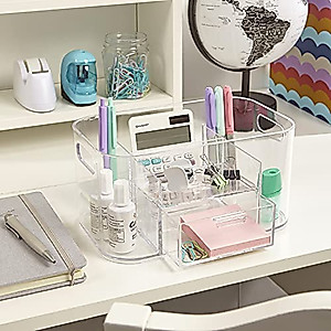 STORi Bliss 4-Compartment Plastic Vanity Organizer with Small Accessory Drawer in Clear | Rectangular Makeup, Skincare, & Cosmetic Storage Bin with Pass-Through Handles | Made in USA