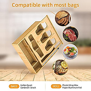 Ziplock Bag Storage Organizer with Cutter, 2 IN1 Bamboo Roll Plastic Bag Organizer for Kitchen Drawer, Compatible with Gallon Quart Sandwich Bag and Aluminum Foil Plastic Wrap