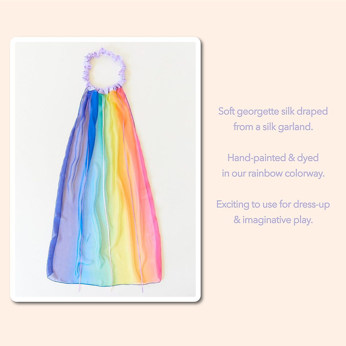Rainbow Veil, Real Silk, 28" Long Veil with 18" Stretchy Headband | Real Natural Silk Waldorf Toys