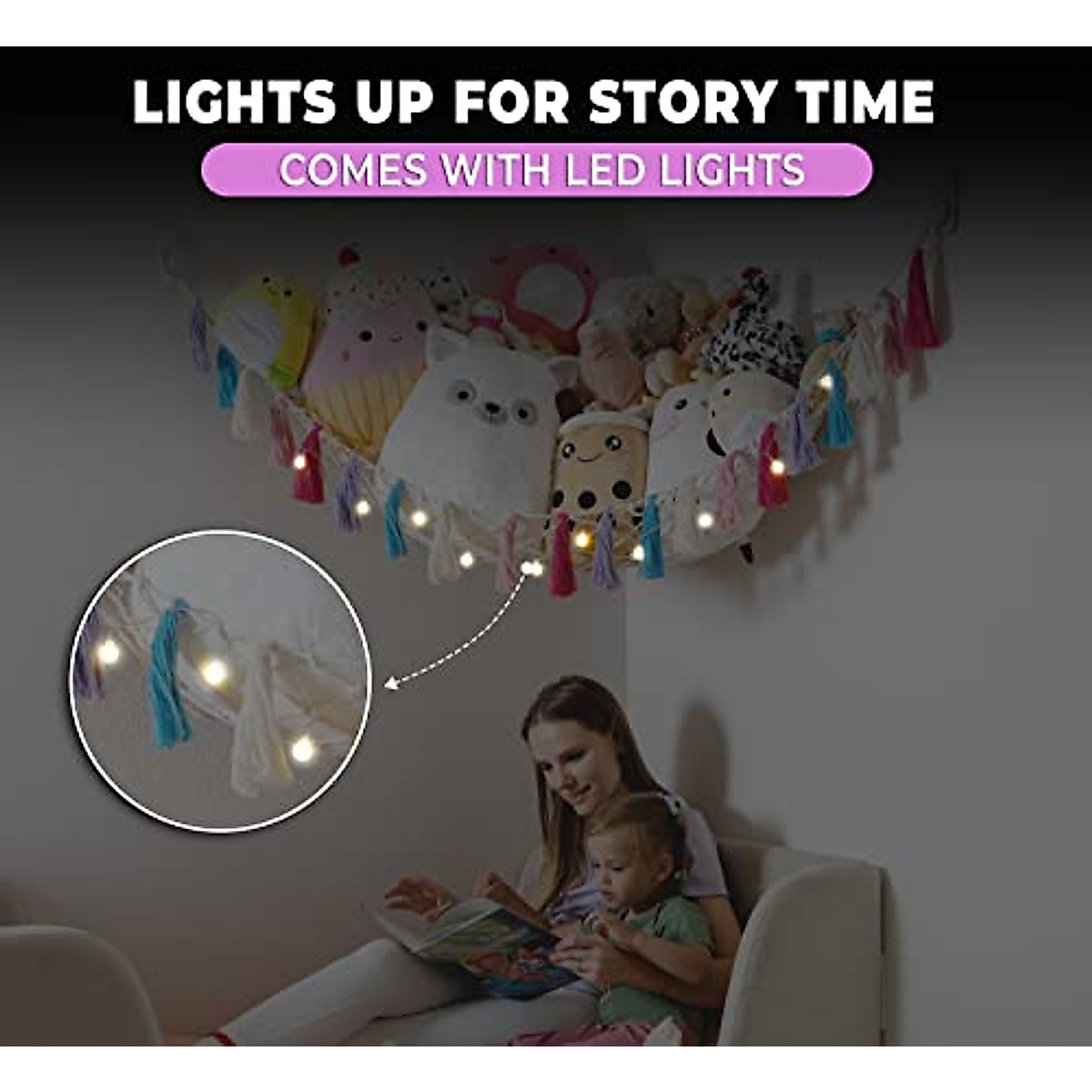 Familla Girls XL Toys & Stuffed Animal Hammock for Kids Room with LED String Light | Jumbo Toy Hammock Organizer | Corner Toy Net for Stuffed Animals & Plushie Storage | Macrame Plush Animal Net Toy Storage