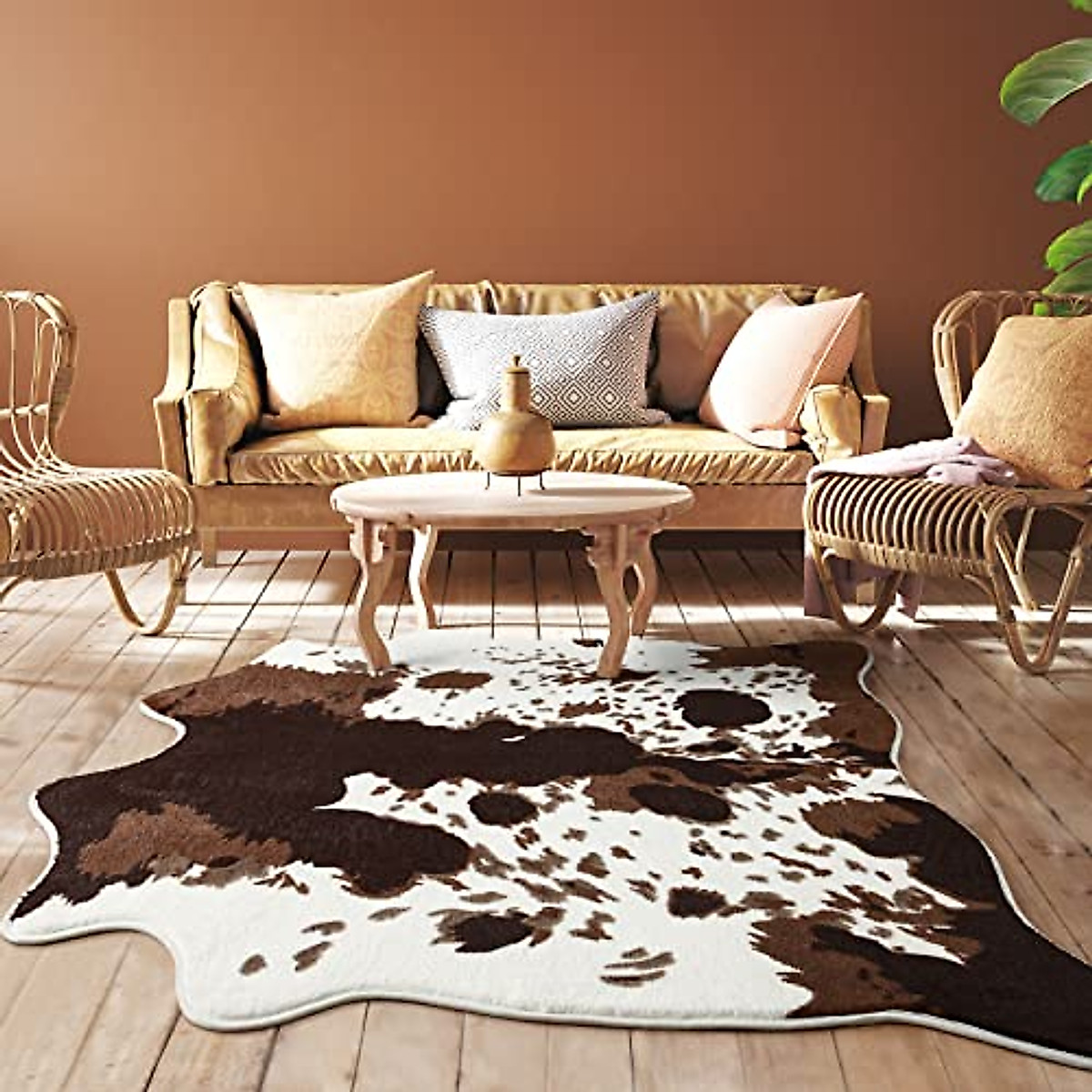 Kimicole Cute Cow Print Rug Faux Cowhide Rug, Upgraded Fluffy Animal Printed Area Rug for Living Room Bedroom Office Western Decor, Luxury Animal Print Carpet Non-Slip, Brown and White, 4.6ft x 5.2ft