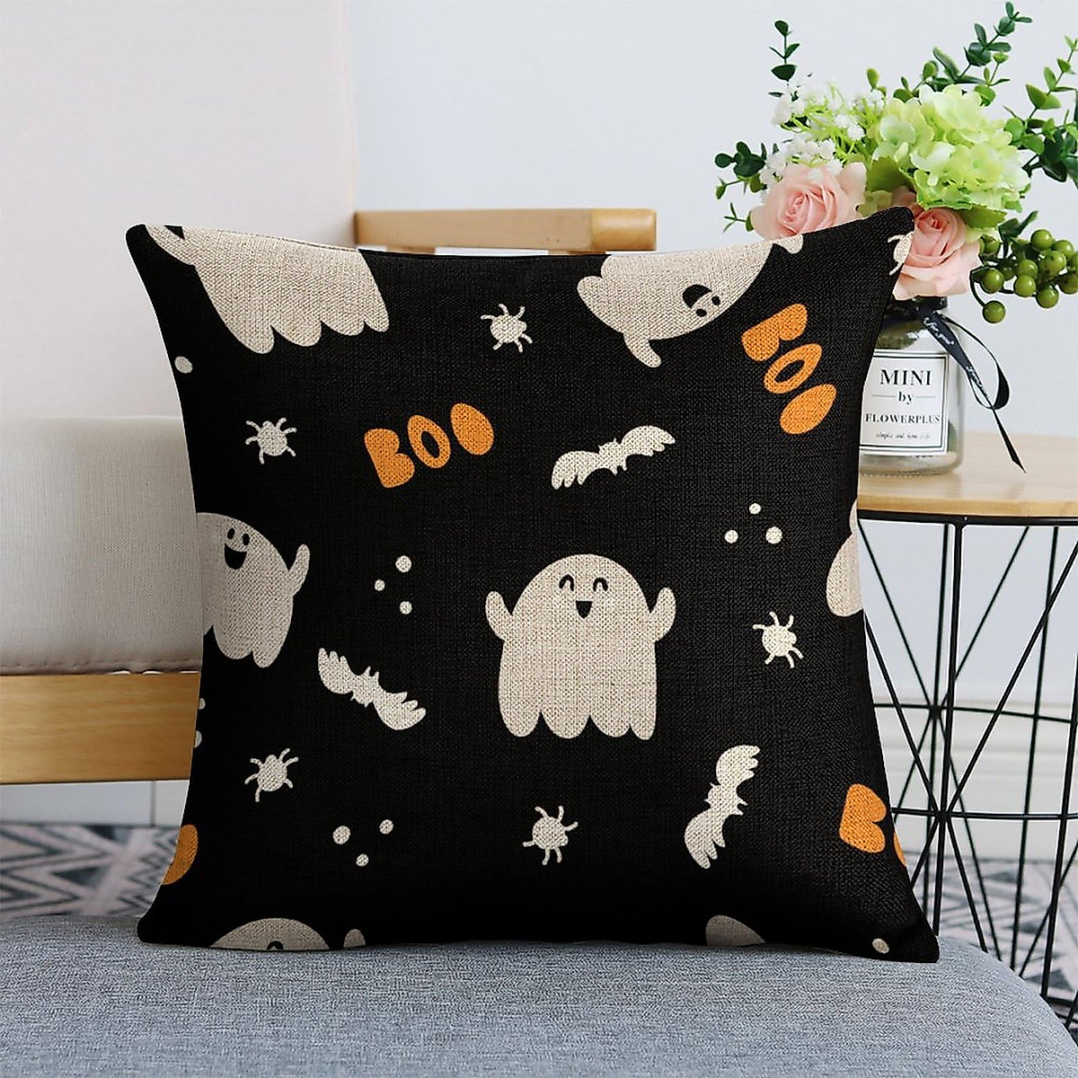 Halloween Cartoon Ghost Bats Throw Pillow Covers 18×18 Pillowcases Set of 2 Spider Boo Linen Decorative Square Pillow Case Cushion Covers Standard Size for Sofa Couch Outdoor Bed Pillow Protectors