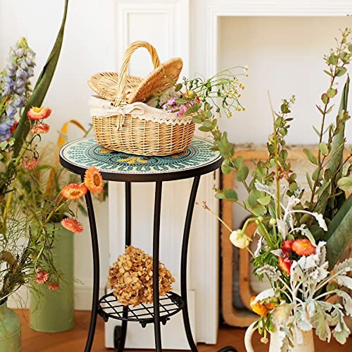 VONLUCE Patio Side Table and Plant Stand, 21" End Table with 14" Ceramic Tile Top for Porch Garden Decor, Indoor and Outdoor Mosaic Table, Living Room Bedroom Balcony Furniture for Home Garden, French