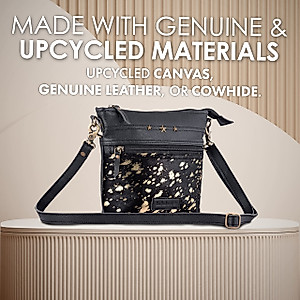 SIXTEASE Crossbody Bag for Women Vintage Style Genuine Leather, Upcycled Canvas, Rug, or Hair On - Cross Body Womens Bags with Inside Zipper Pockets - Black