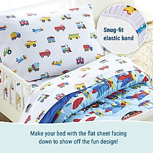 Wildkin Kids 100% Cotton Toddler Sheet Set for Boys & Girls, Bedding Set Includes Top Sheet, Fitted Sheet, Standard Pillow Case, Bed Sheet Set for Cozy Cuddles (Trains, Planes, & Trucks)