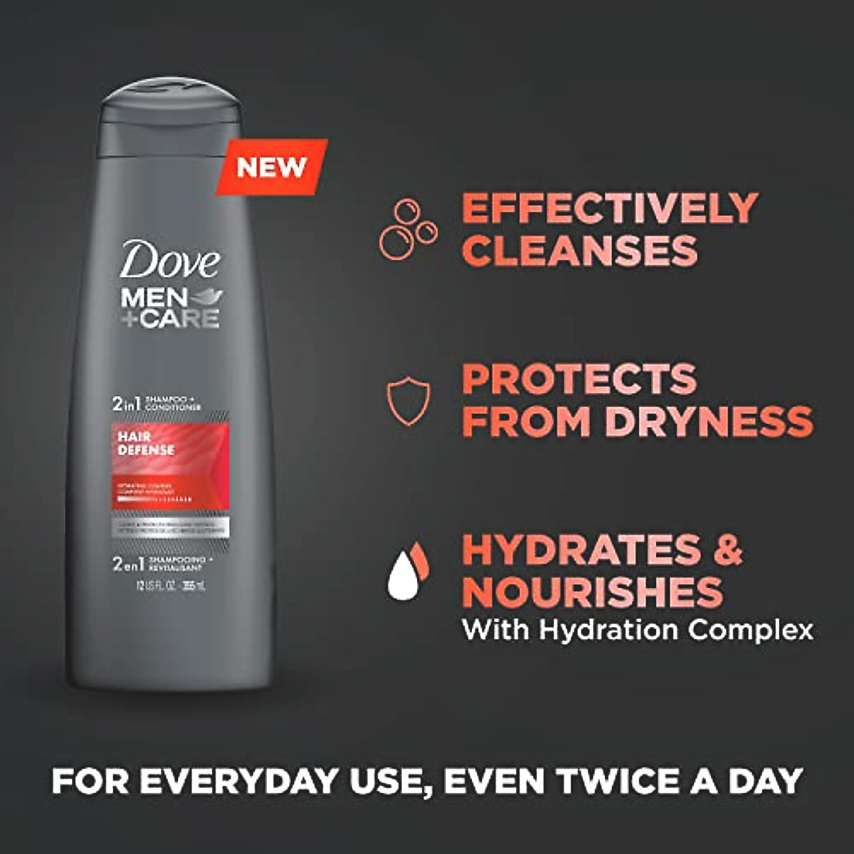 Dove Men+Care 2 in 1 Shampoo and Conditioner for Clean Hair Defense Shampoo and Conditioner for Stronger, Healthy Hair Everyday 12 oz