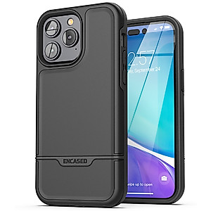 ENCASED Heavy Duty iPhone 14 PRO MAX Case with Screen Protector, Ultra Protective Military Grade [10Ft Drop Rated] Dual Hybrid Rugged Cover (Rebel Series) (Black)