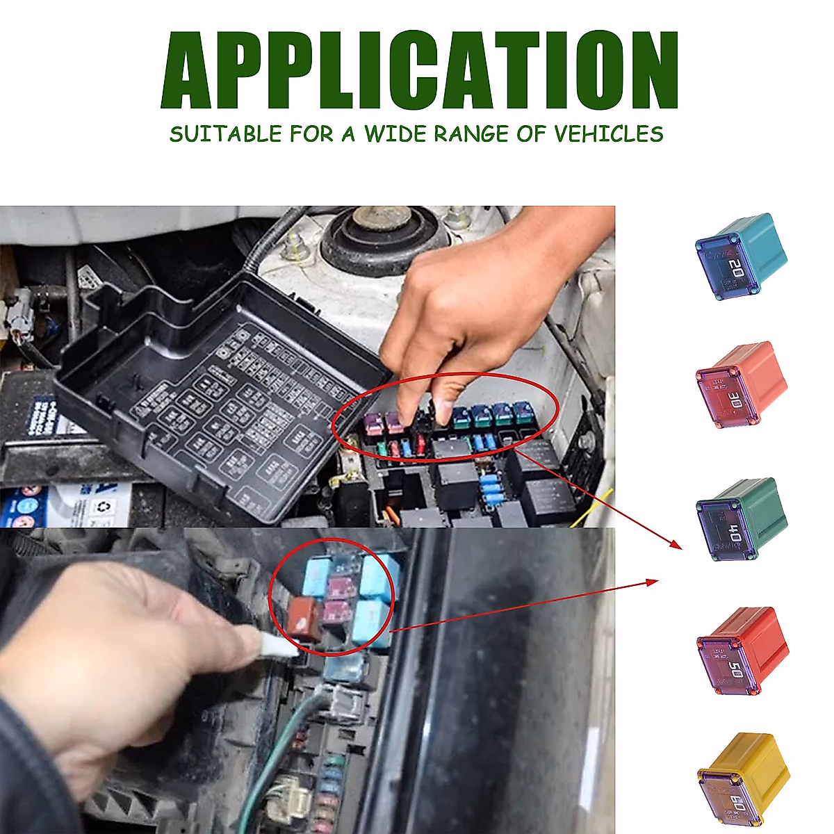 SIGANDG 10pcs Low Jcase Block Fuse car Fuse for Trucks Cars and SUVS (20A/30A/40A/50A/60A, 2pcs Each)