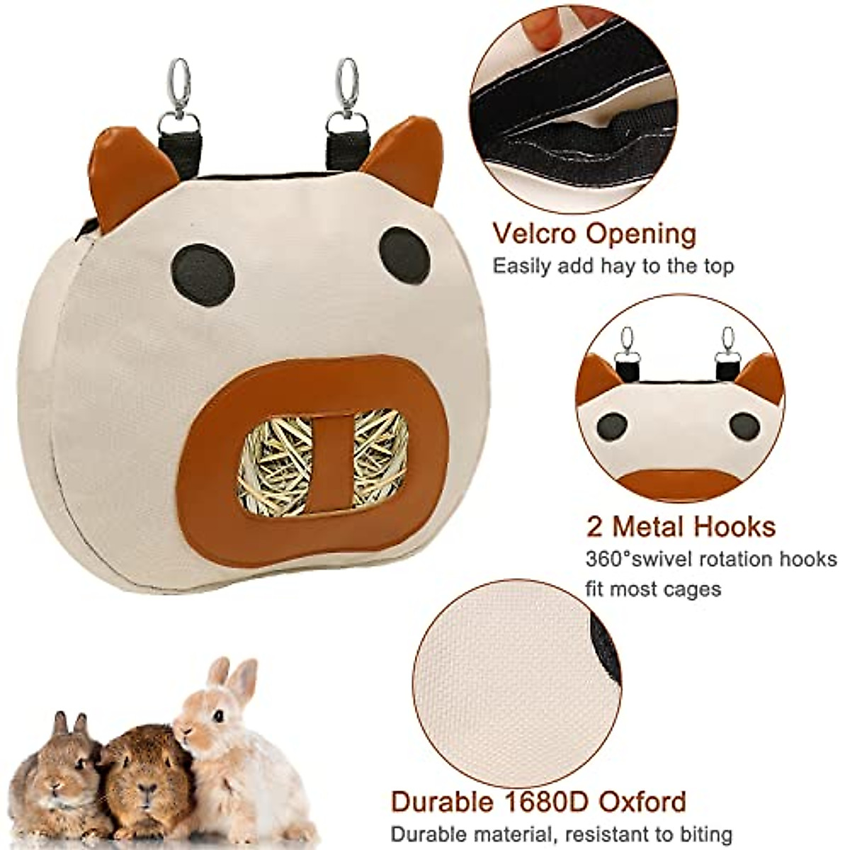 Zhilishu Rabbit Hay Feeder Bag, Hay Feeder for Guinea Pig Timothy Hay Feeder Dispenser Storage with 2 Hanging Hooks for Bunny Small Animal Cage Mess Free (Brown)