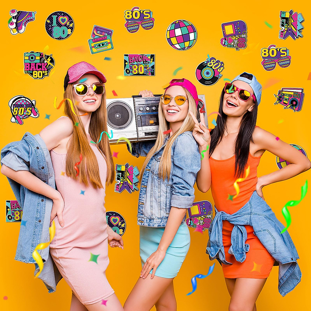 Seajan 60 Pcs Back to The 80s Party Decoration Cutouts Accents Retro 1980s Hip Hop Cutouts Radio Roller Skating Cassette Tape Cutouts Throwback Birthday Party Neon Party Rock Hippie Party Supplies