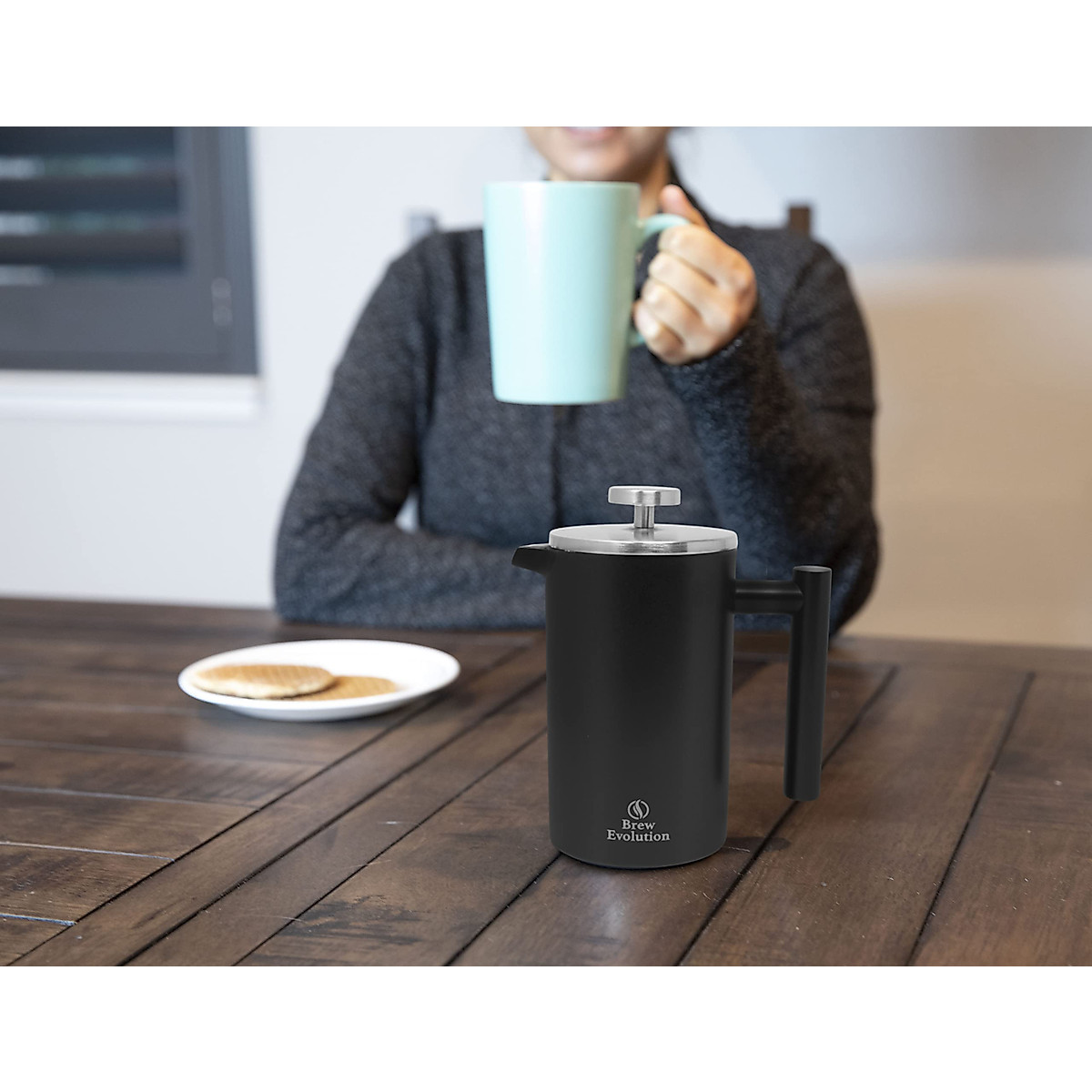 Brew Evolution 12 oz French Press | Stainless Steel Double-Walled Coffee Maker | Durable & Efficient Coffee & Tea Brewing | Gray Black