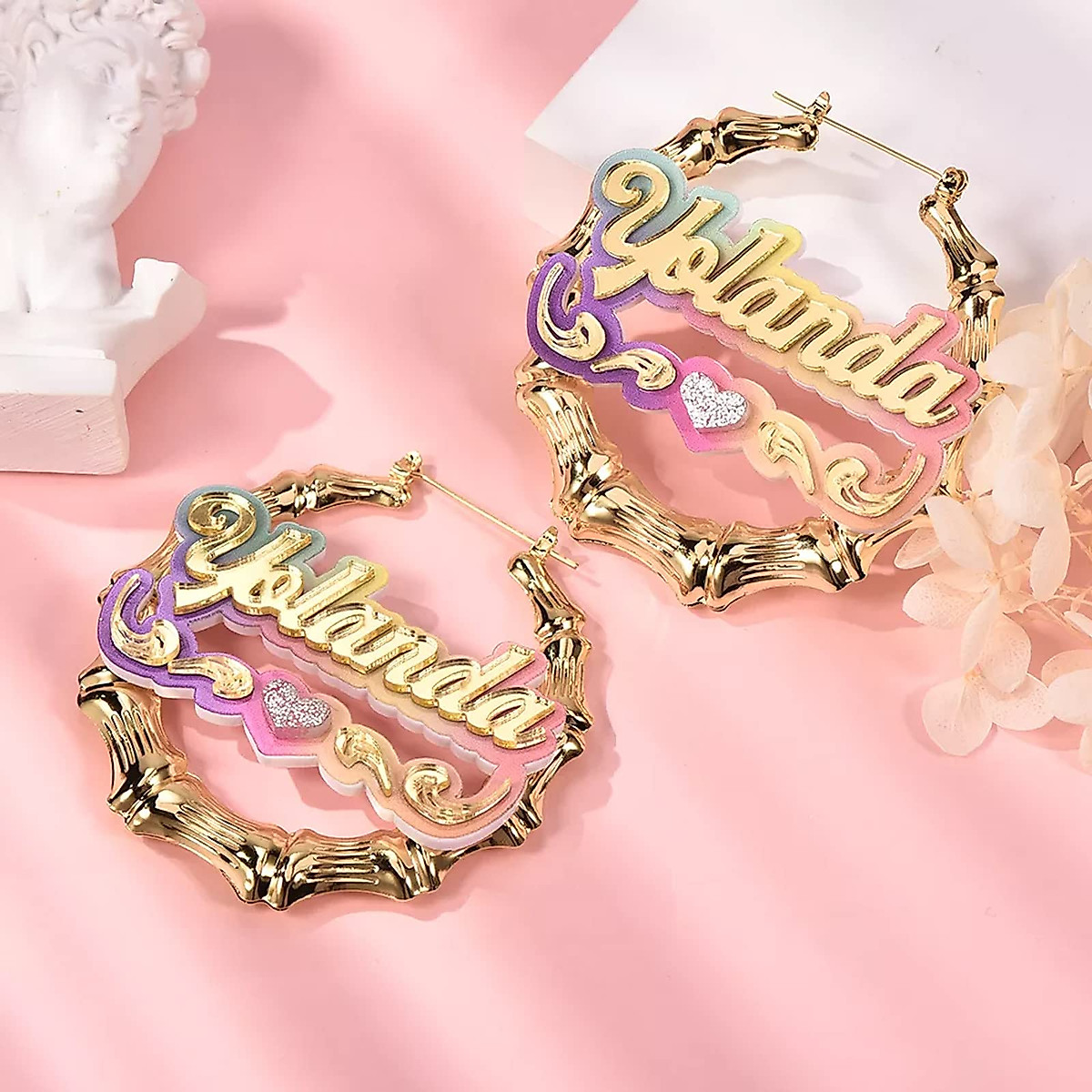 Gemiac Custom Name Necklace Personalized Name Earrings Double Plated Name Necklace with Heart Acrylic 18K Gold Plated Nameplate Necklace Jewelry Gift for Women