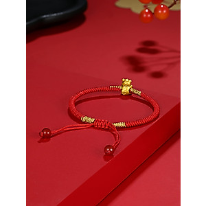 ZHOU LIU FU 24K Solid Gold Bracelets, Real Pure Gold Bracelet Chinese Zodiac Jewelry Adjustable Red Braided Bracelet Rabbit Dragon Dog Piggy with Blessing Idiom for Women Men Girlfriend