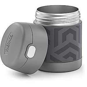 THERMOS FUNTAINER 10 Ounce Stainless Steel Vacuum Insulated Kids Food Jar with Folding Spoon, Grey And Aqua Waves