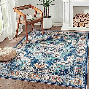 jinchan Area Rug 8x10 Persian Rug Vintage Rug Kitchen Floor Cover Traditional Rug Foldable Thin Rug Navy Blue Distressed Floral Print Indoor Mat for Doormat Bedroom Living Room