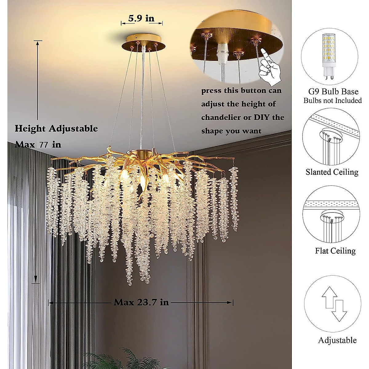 Puvaue Modern Crystal Tree Branches Chandeliers Gold Luxury Round Raindrop Pendant Light Fixture 9 Light Tassel Ceiling Hanging Light for Dining Room Bedroom Living Room Entryway 23.7"