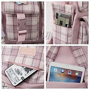 MININAI 4PCS Aesthetic College Backpack Set with Plushies Kawaii Large Backpack 15.6" Laptop Preppy Daypack Cute Backpack (Green,One Size)