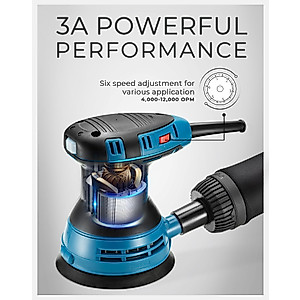 Dong Cheng 5” Random Orbital Sander, 3.0 Amp 12000OPM, 6 Variable Speed Electric Sander Kit with 10pcs Sandpapers & detachable Dust Collector, for Woodworking/Sanding/Polishing